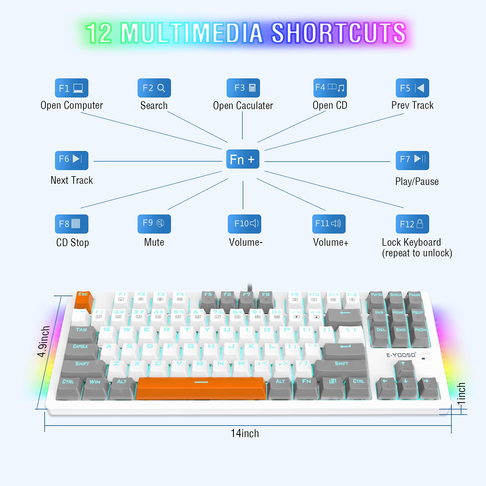E-YOOSO Mechanical Gaming Keyboard, Wired 75% Mechanical Keyboard with Red Switches, 87 Keys Gaming Keyboard with Solid Color Backlit & RGB LED Sidelight for Windows Mac PC Gaming