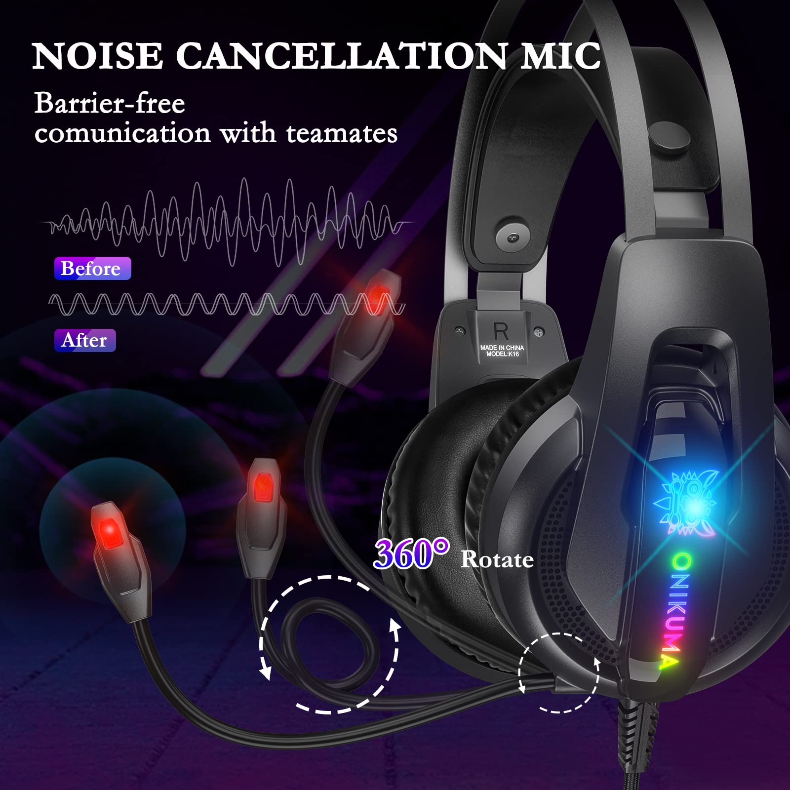 Gaming Headset for PS5, PS4 with Noise Canceling Mic, Xbox 7.1 Surround Sound, Headphones RGB Light, Compatible Xbox, PS4, PC, Switch…