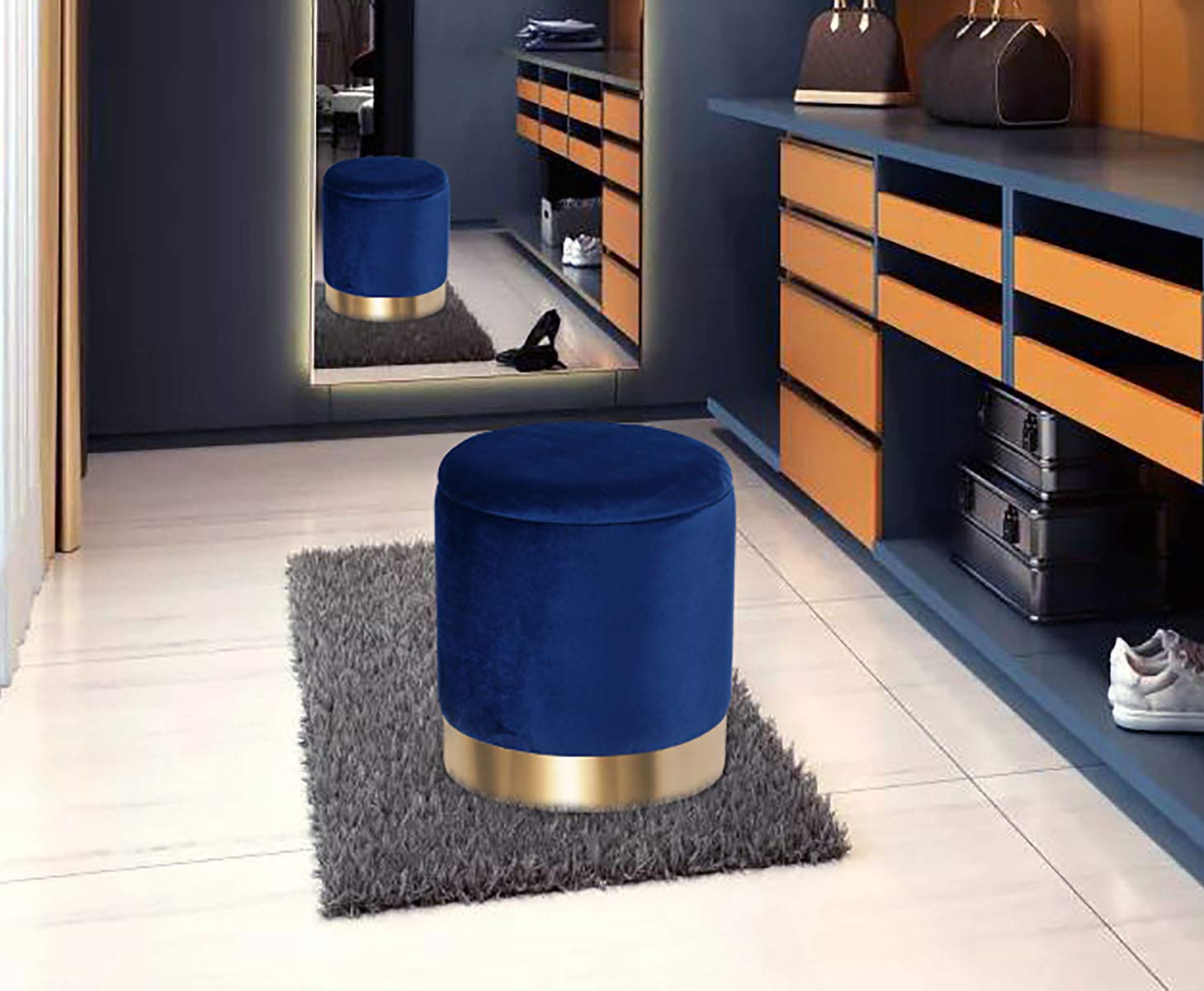 DEERUN Round Velvet Storage Ottoman Foot Rest Stool/Upholstered Footstool with Gold Plating Base,Pack of 2 (Blue)