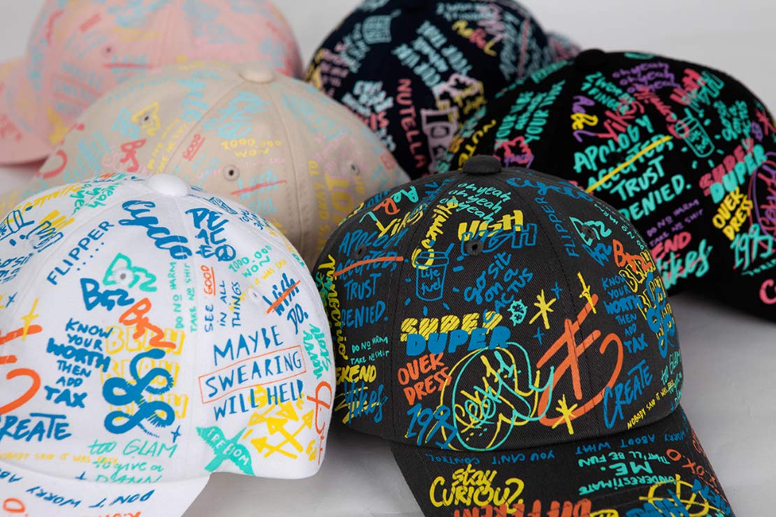 Flipper New Version of Designer Multi Colors Doodle Sketch Graffiti Cotton Baseball Cap K-pop Korean Dad Hat, (White, Large ~ X-Large (23 1/8" ~ 23 7/8"))