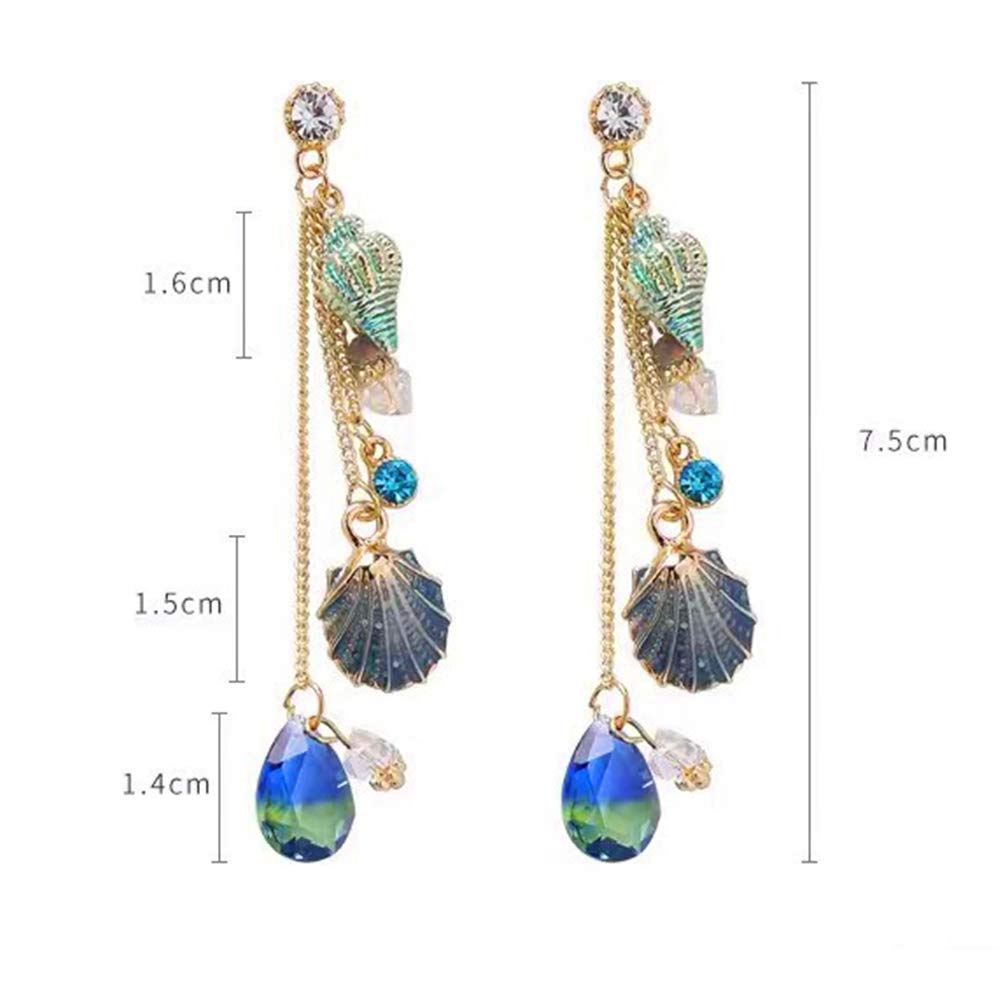 DAMLENG Sparkly Bohemia Long Tassel Blue Ocean Shell Dangle Earrings Shine Rhinestone Scallop Beach Earrings for Women Charm Statement Colorful Crystal Jewelry (Blue)