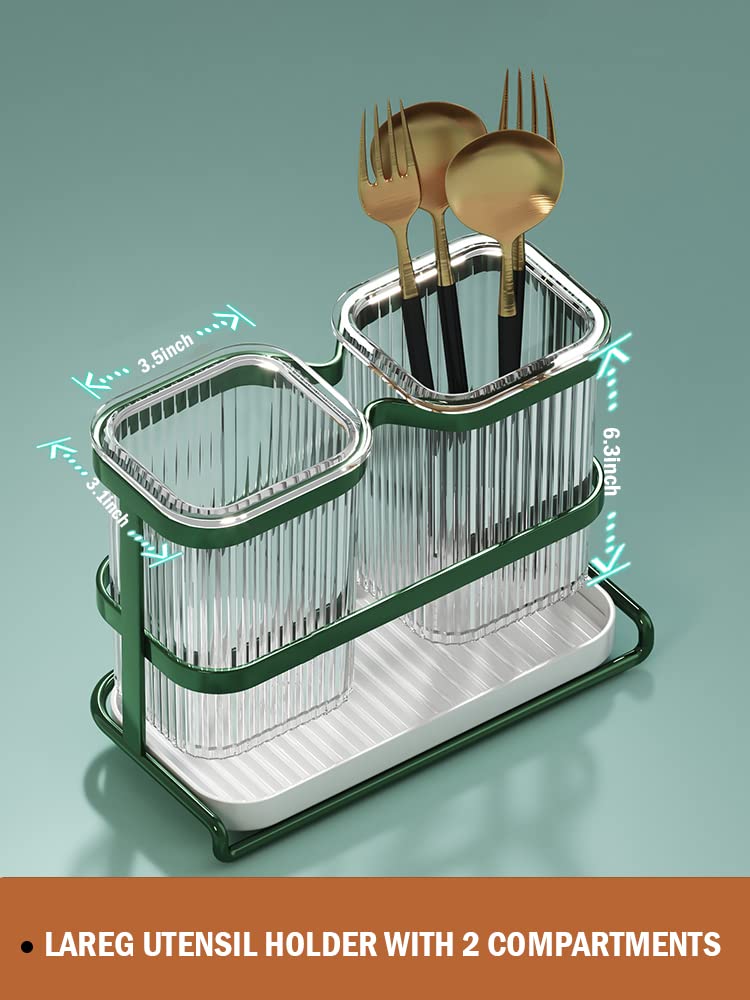 FEIJSQIU Utensil Holder with 2 Compartments Cooking Utensil Holder for Cooking Tools Storage and Utensil Organizer Utensil Drying Rack has Tray at Bottom for Easy Drainage.Clean Easy (Green)