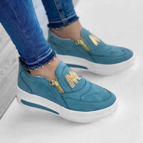 FASDNENDYS Ladies Fashion Solid Color Flock Side Zipper Platform Comfortable Casual Sports Shoes Shower Shows Blue