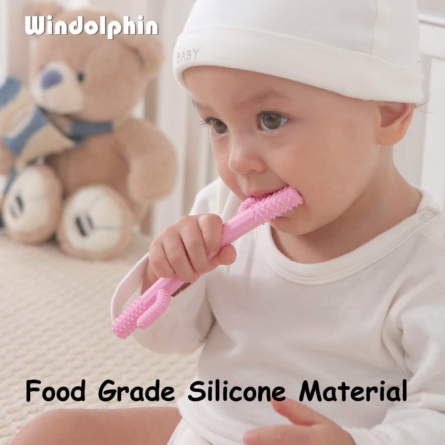 Hollow Teether Tubes, 5 Pack Chew Straw Toy with 2 Brushes, Windolphin Teething Toys for Babies 0-12 Months, Baby Molar Toy, Free BPA, Dishwasher and Freezer Safe