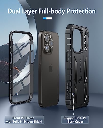 FNTCASE for iPhone 14-Pro Phone Case: for iPhone 13 Pro Cases | Military Grade Drop Proof Protection Mobile Cover with Kickstand | Matte Textured Rugged Shockproof TPU | Protective Sturdy - Black