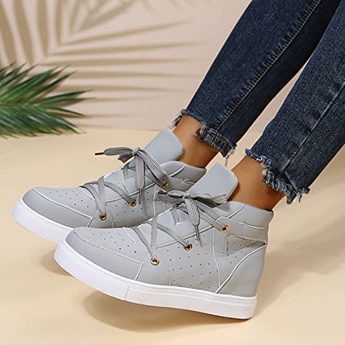 FASDNENDYS Ladies Fashion Solid Color Leather Surface Breathable High Top Lace Up Flat Casual Dotted Shoes Grey