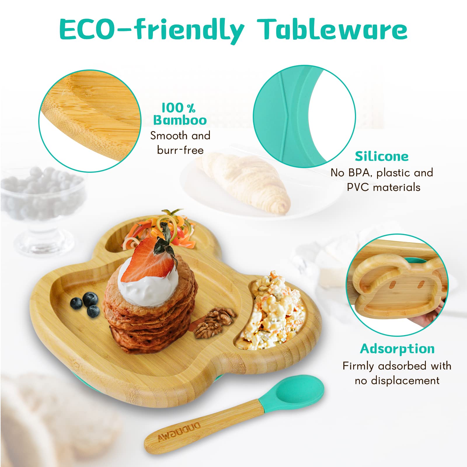 DUDUGWA Bamboo Baby Plates, Bamboo Suction Plates for Babies, Removable Silicone Suction Cup for Kids and Toddlers with Spoon, 6 Months and Older,Bear Plates