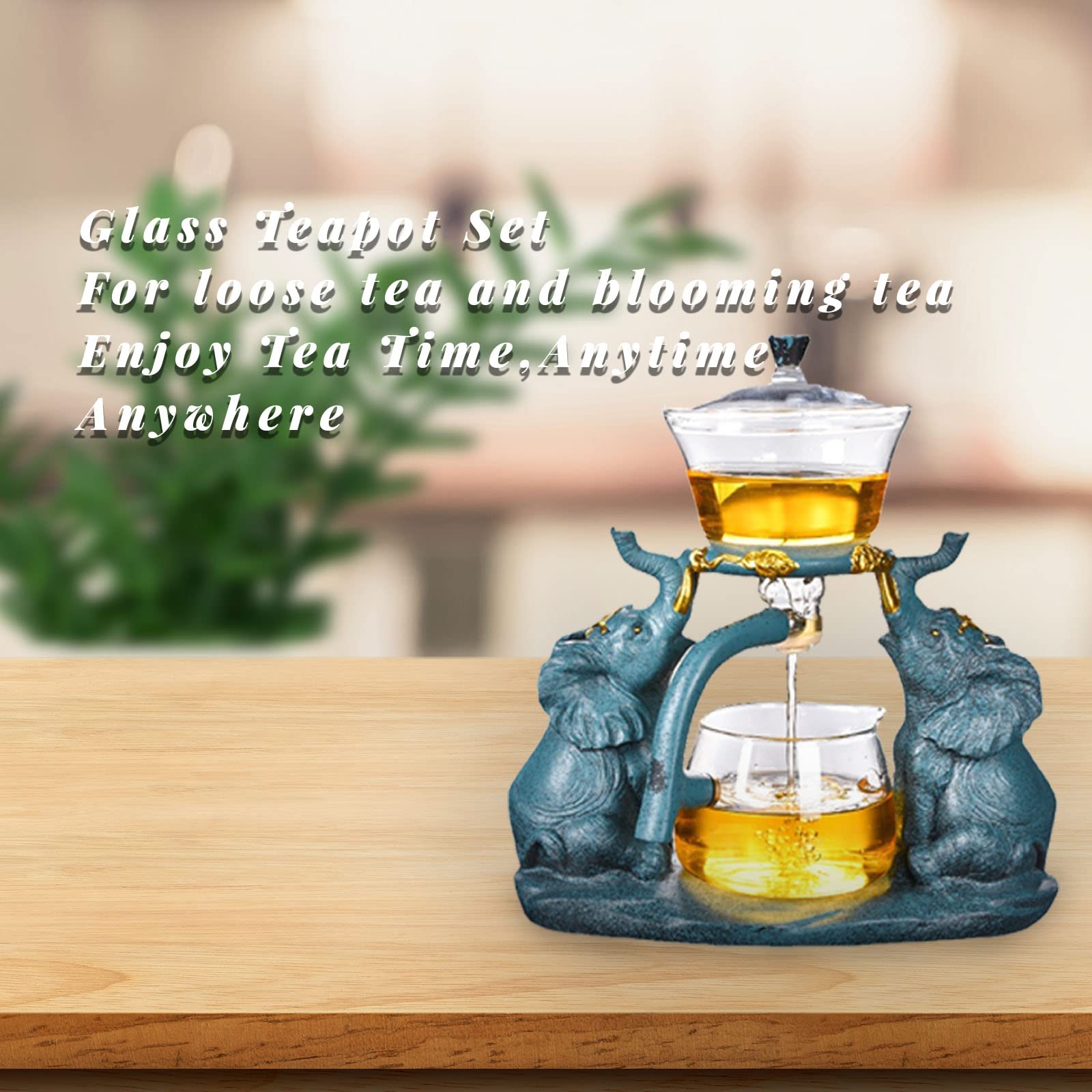 GODNOEI Elephant Glass Tea Set Lazy Kungfu Magnetic Water Diversion Creative Glass Teapot Semi Automatic Tea Maker Suit Kitchen Bar Supplies (6 tea cups)