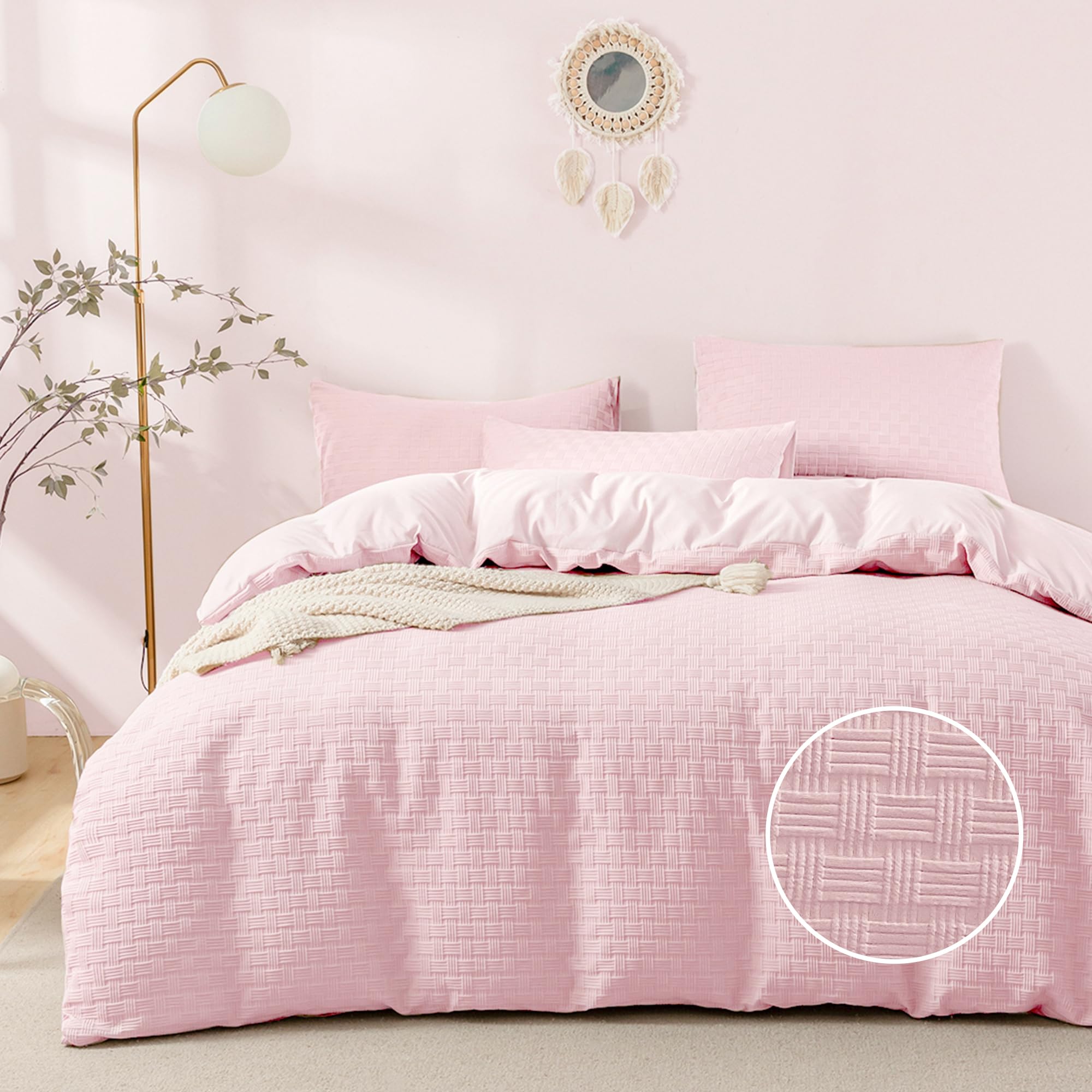 JELLYMONI Pink Duvet Cover Full Size - 3 Pieces Soft and Breathable Microfiber Knitted Jacquard Waffle Weave Striped Comforter Cover with 8 Corner Ties & Zipper Closure