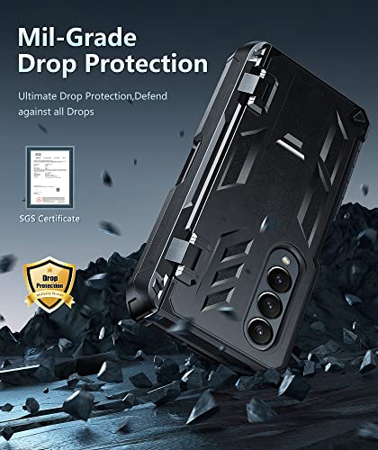 FNTCASE for Samsung Galaxy Z-Fold-4 Case: Military Grade Hinge Protection S-Pen Holder & Kickstand Rugged Shockproof 360 Full Protective Phone Cover for ZFold 4 2022 (Black)