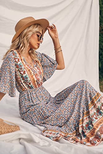 PRETTYGARDEN Women's Casual Summer Boho Floral Print Dress V Neck Short Sleeve High Waist Long Maxi Beach Dresses (White Floral,Medium)