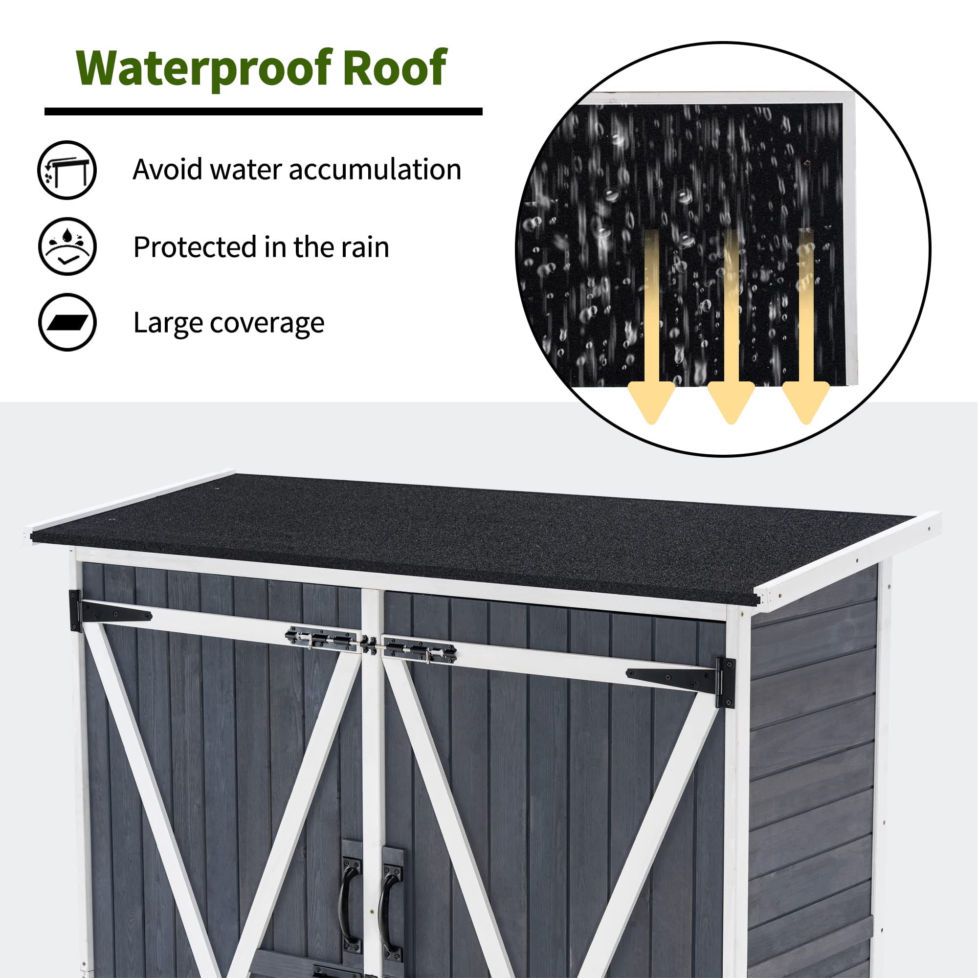 MCombo Storage Shed Backyard Utility Tools Organizer Outdoor Wooden Garden Racks Shelves with Lockers 2 Doors Home Furniture 6056-1400(Grey)