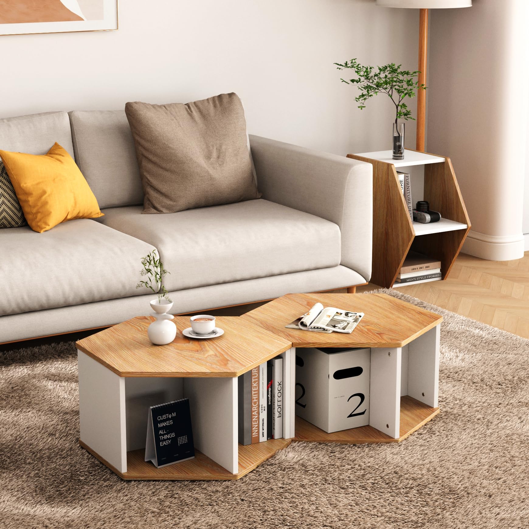 Coffee Table, Modern Decorative Coffee Center Table, Geometric Wood Coffee Table for Living Room with Storage Compartment Space
