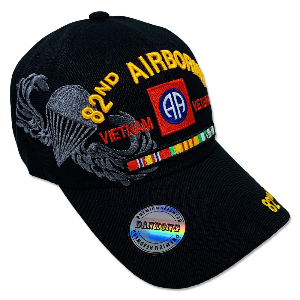 DANKONG Acrylic Military Hat - US Warriors Official Licensed Army Hat 3D Embroidered with Size Adjustable Hoop and Loop Closure for Men and Women - 82nd Airborne Division - Black