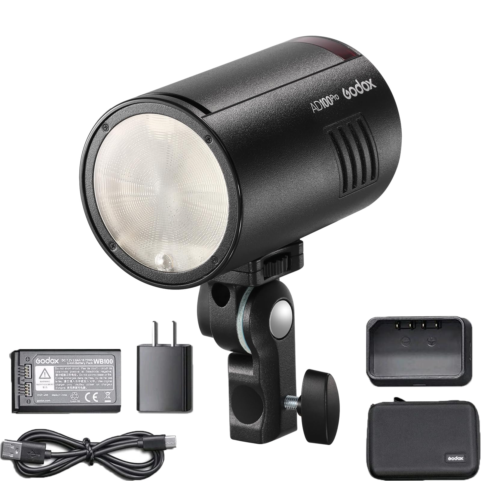 GODOX AD100Pro Studio Flash Light OLED Screen 5800K 1/8000s Sync TTL/Multi/M Flash Built-in 2.4G Wilreless X System 5 Groups 32 Channels with Rechargeable 2600mAh Battery with Godox S2 Flash Bracket