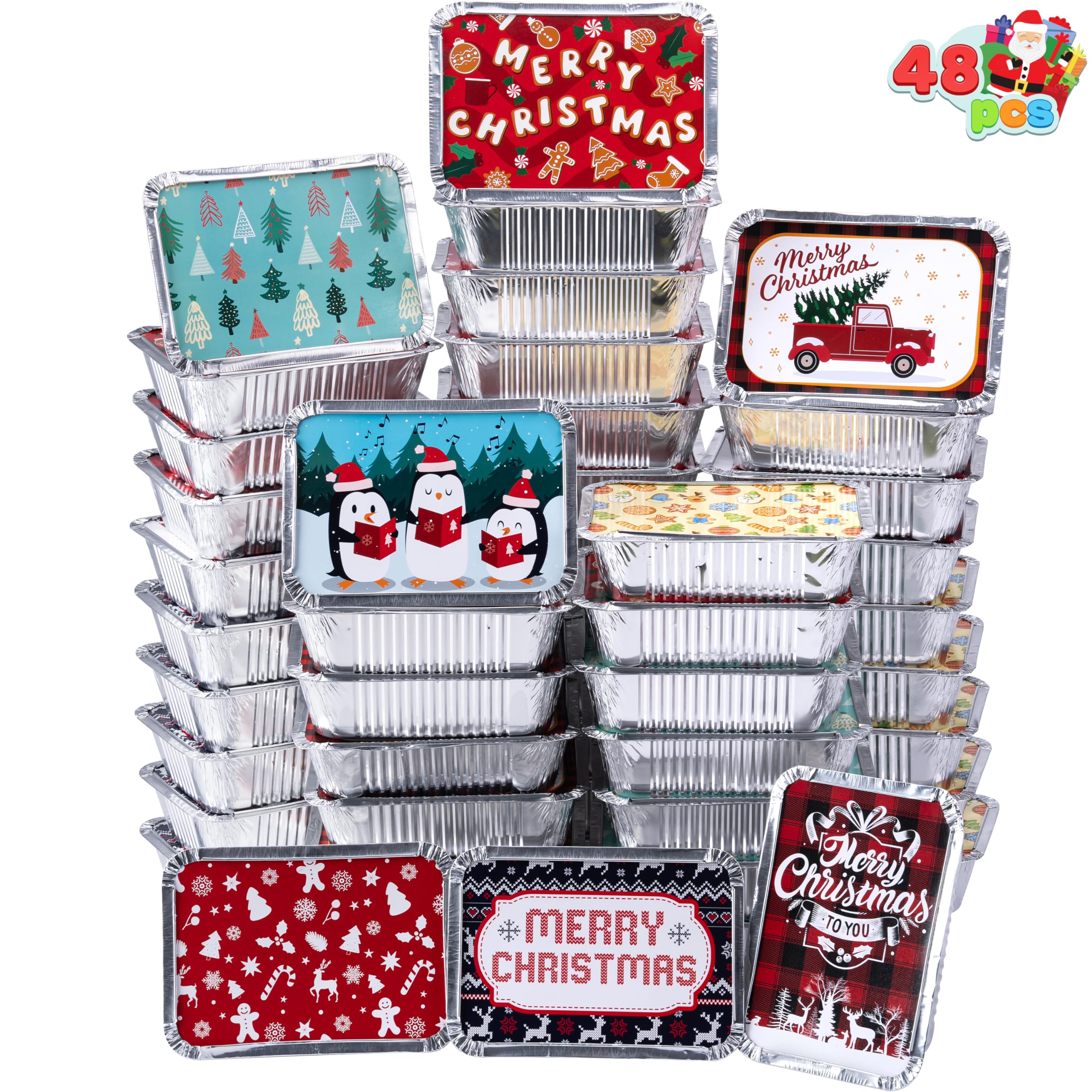 JOYIN 48 Pieces Christmas Foil Containers with Lids, 8 Holiday Designs, 7"x5"x2" Rectangular Treat Foil Containers, Disposable Food Storage Pan for Holiday Leftovers Goodie Container