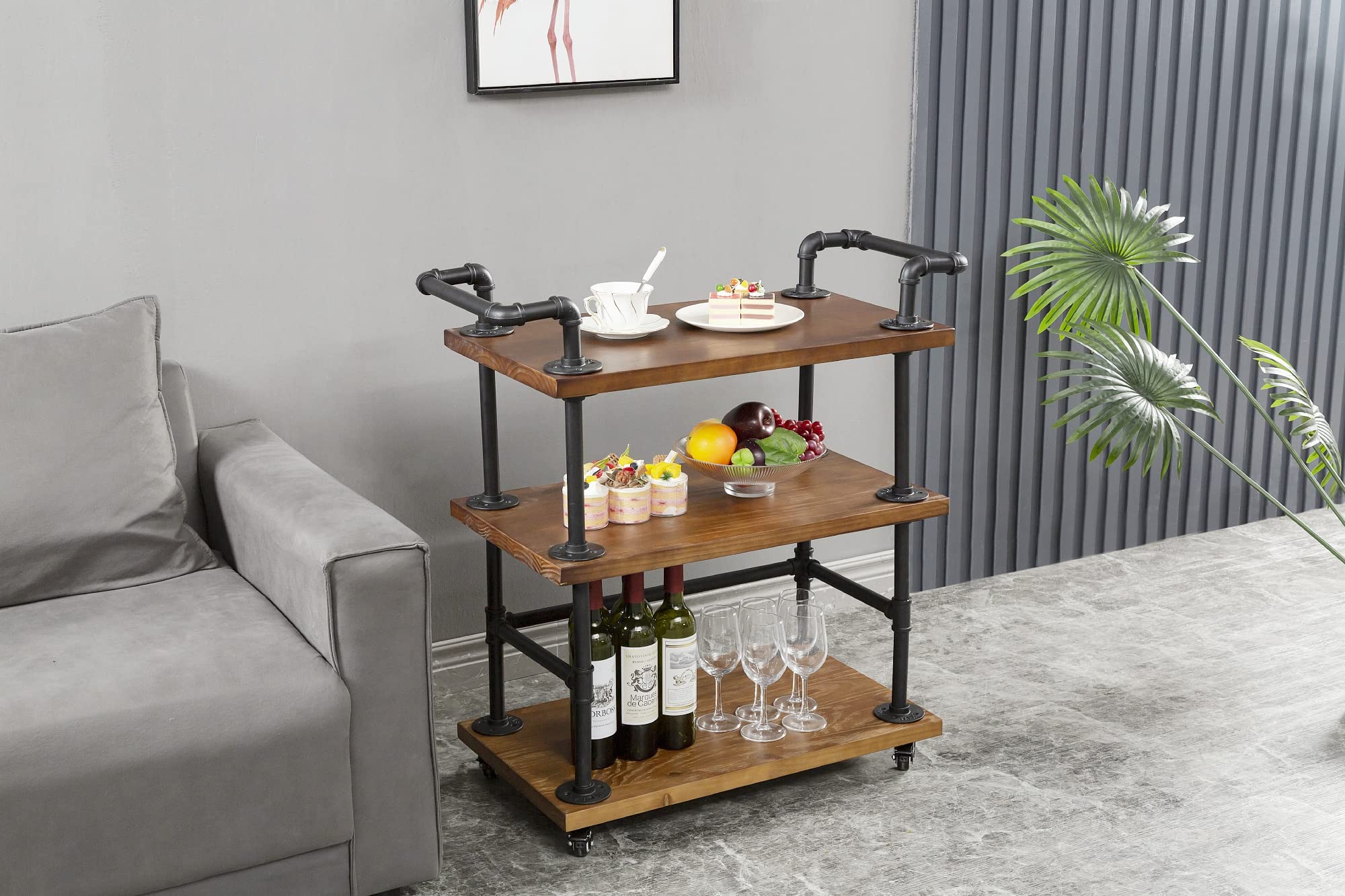 DOFURNILIM Industrial Bar Carts/Serving Carts/Kitchen Carts/Wine Rack Carts on Wheels with Storage - Industrial Rolling Carts - Wine Tea Liquor Shelves/Holder - Solid Wood and Metal Home Furniture