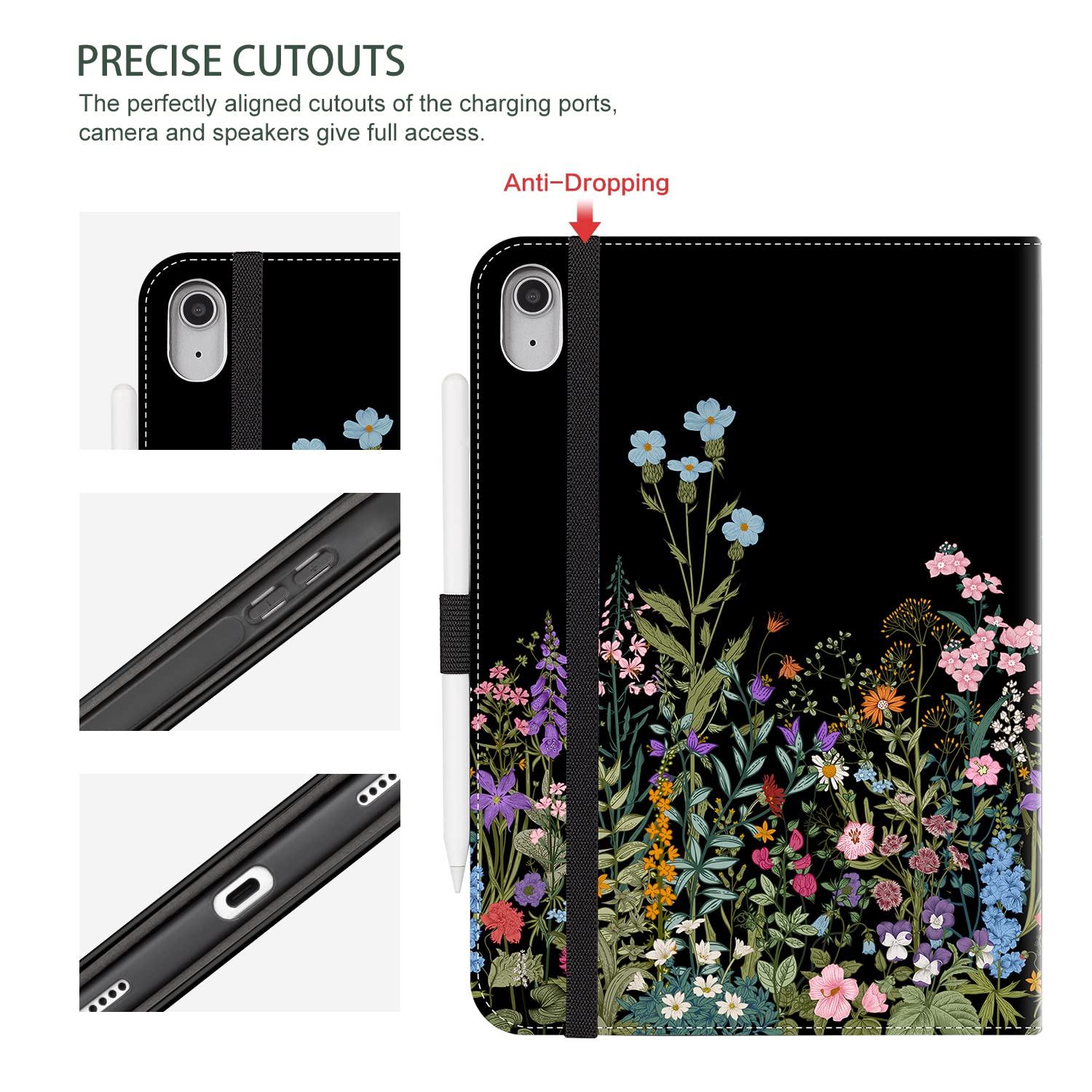 for iPad 10Th Generation Case, for iPad Case 10Th Generation 2022, for iPad 10Th Gen Case 10.9 Inch Pencil Holder/Hand Strap/Pocket, Adjustable Stand, Auto Wake/Sleep, Black Flower Floral