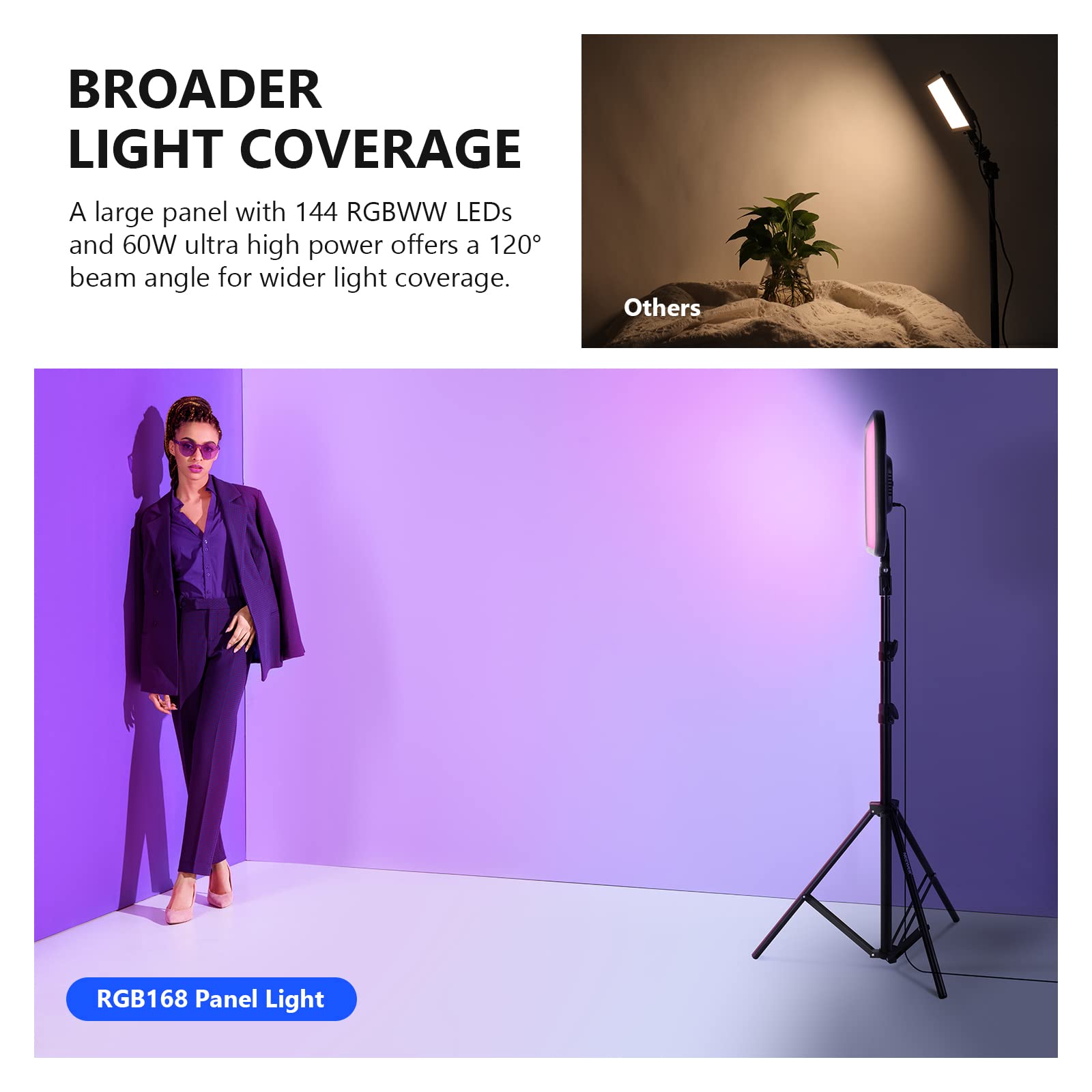 NEEWER 18.3" RGB LED Video Panel Light with App Control, 2 Pack Stand Kit, 360° Full Color/2500K~8500K/CRI97+/17 Scene Effects, 60W RGB168 Studio Lights for YouTube/Game Live Streaming/Photography