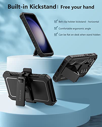 FNTCASE for Samsung Galaxy S23-Plus Case: Heavy Duty Rugged Shockproof Protective Cover with Belt-Clip Holster & Kickstand | Military Grade Protection Durable Phone Case for Galaxy S23 Plus Black
