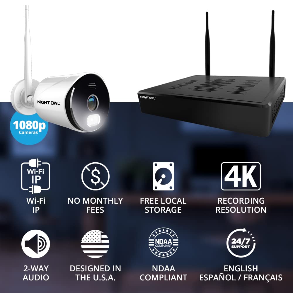Night Owl 10 Channel Bluetooth Video Home Security Camera System with (3) Wi-Fi IP 4K HD Indoor/Outdoor Spotlight Cameras 2-Way Audio & 1TB Hard Drive (Expandable up to Cameras), BTWN81L-2-3-B