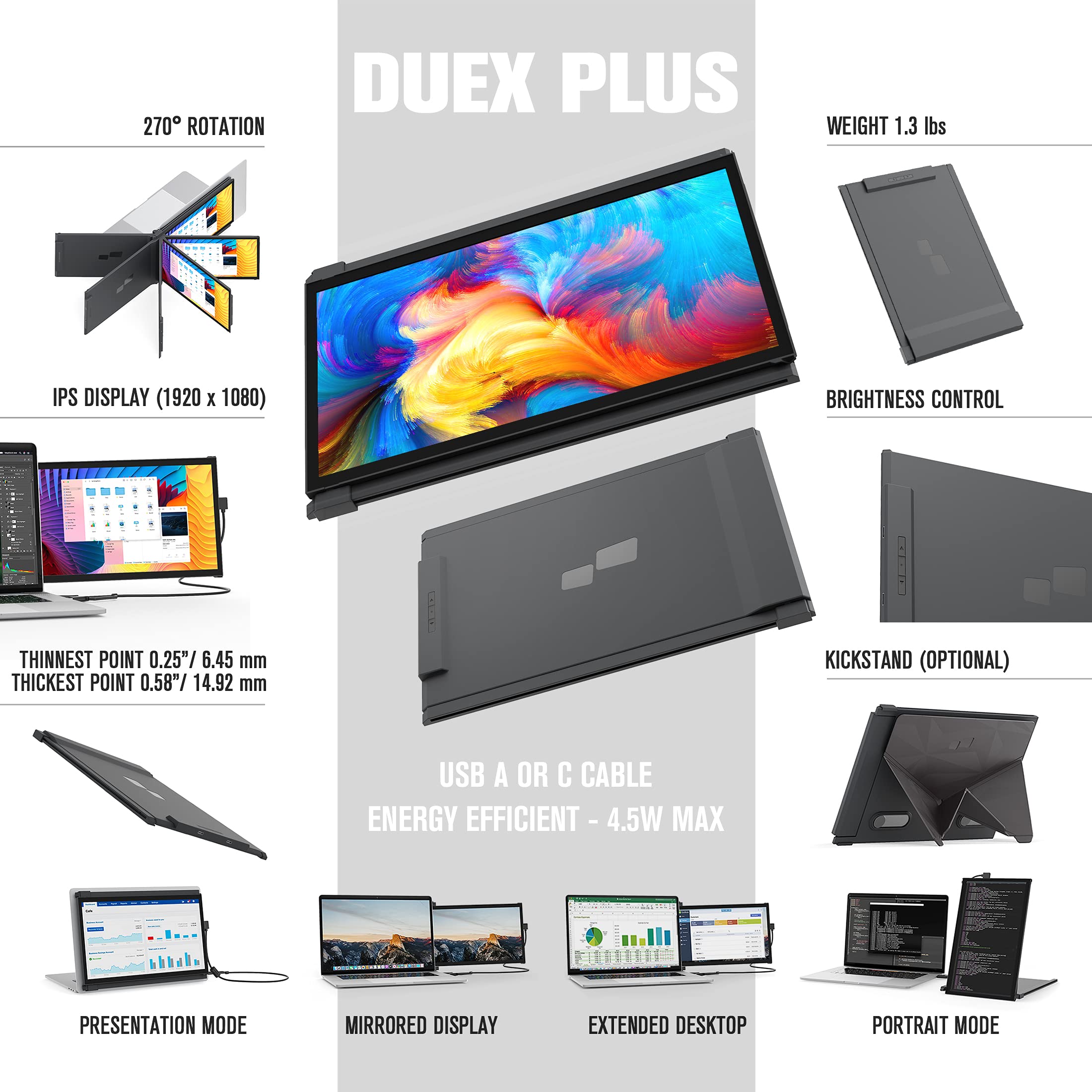 Duex Plus Combo with 5-in-1 USB C Hub, Mobile Pixels Portable Monitor 13.3" Full HD IPS Dual Monitor for laptops, USB C/USB A Plug and Play (1 Plus w/Kickstand and 1* Hub)