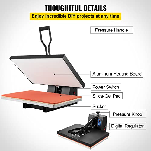 VEVOR Heat Press Machine, 16x24in / 40x61cm, Clamshell Sublimation Transfer Printer Teflon Coated, Digital Precise Heat Control, Silicone Sponge Powerpress for T-Shirt Bag Pad Pillow