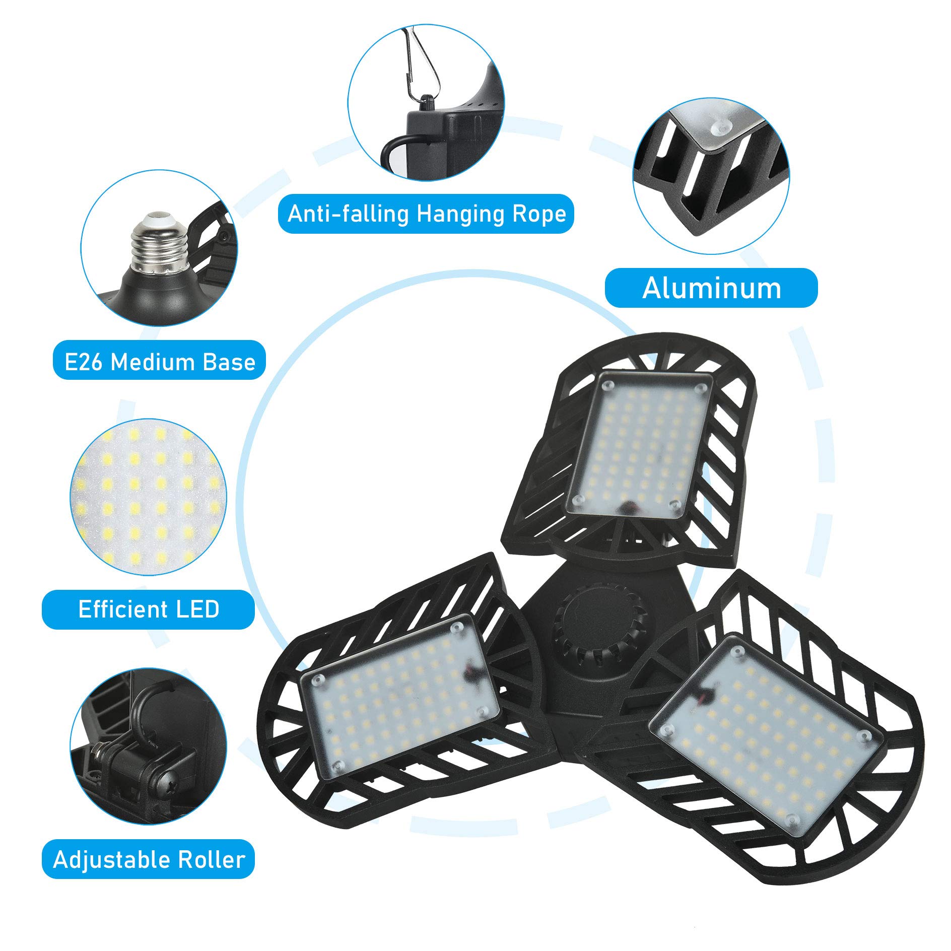 Deformable LED Garage Light,Winshine E26 Base 6000LM 60W Triple Light Garage Ceiling Lamp,6000K Daylight LED Shop Light,3 Adjustable Panels Bay Lighting for Garage,Warehouse,Barn (NO Motion Activated)