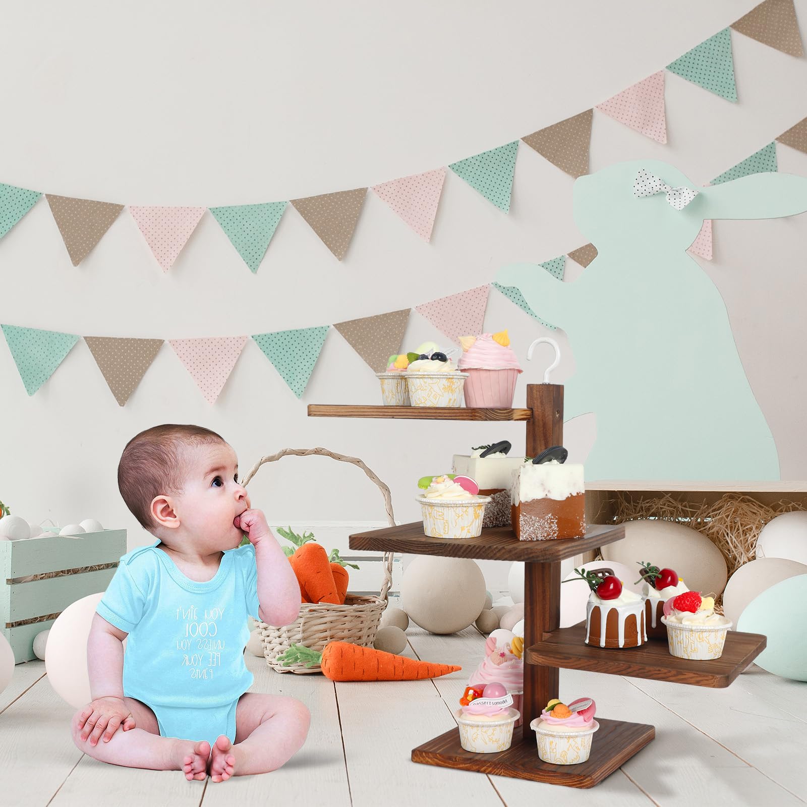 CYAOOI 4 Tier Cupcake Stand Wooden Tiered Serving Tray Cupcake Tower for 24 Cupcakes, Square Rustic Dessert Table Display Set Cake Display Stand for Birthday Graduation Baby Shower Tea Party