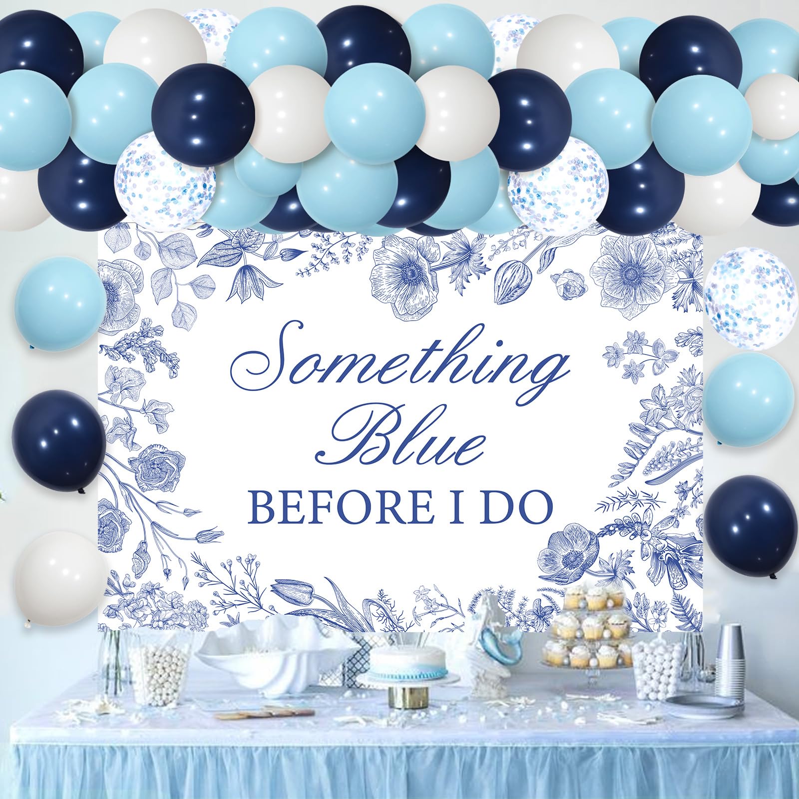 JOYMEMO Something Blue Before I Do Bridal Shower Decorations for Women, Blue and White Balloons Garland Arch Kit with Blue Flower Party Backdrop, I Do Diamond Ring Balloon, Bachelorette Party