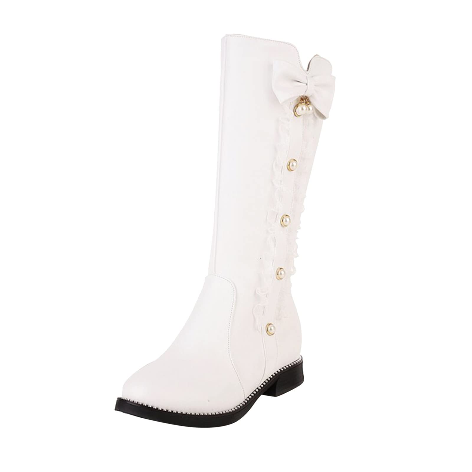 FASDNENDYS Ladies Cute Fashion Bow Solid Color Flat Round Toe Square Heel Middle Long Student Style Boots Low Rubber Shoes Women White