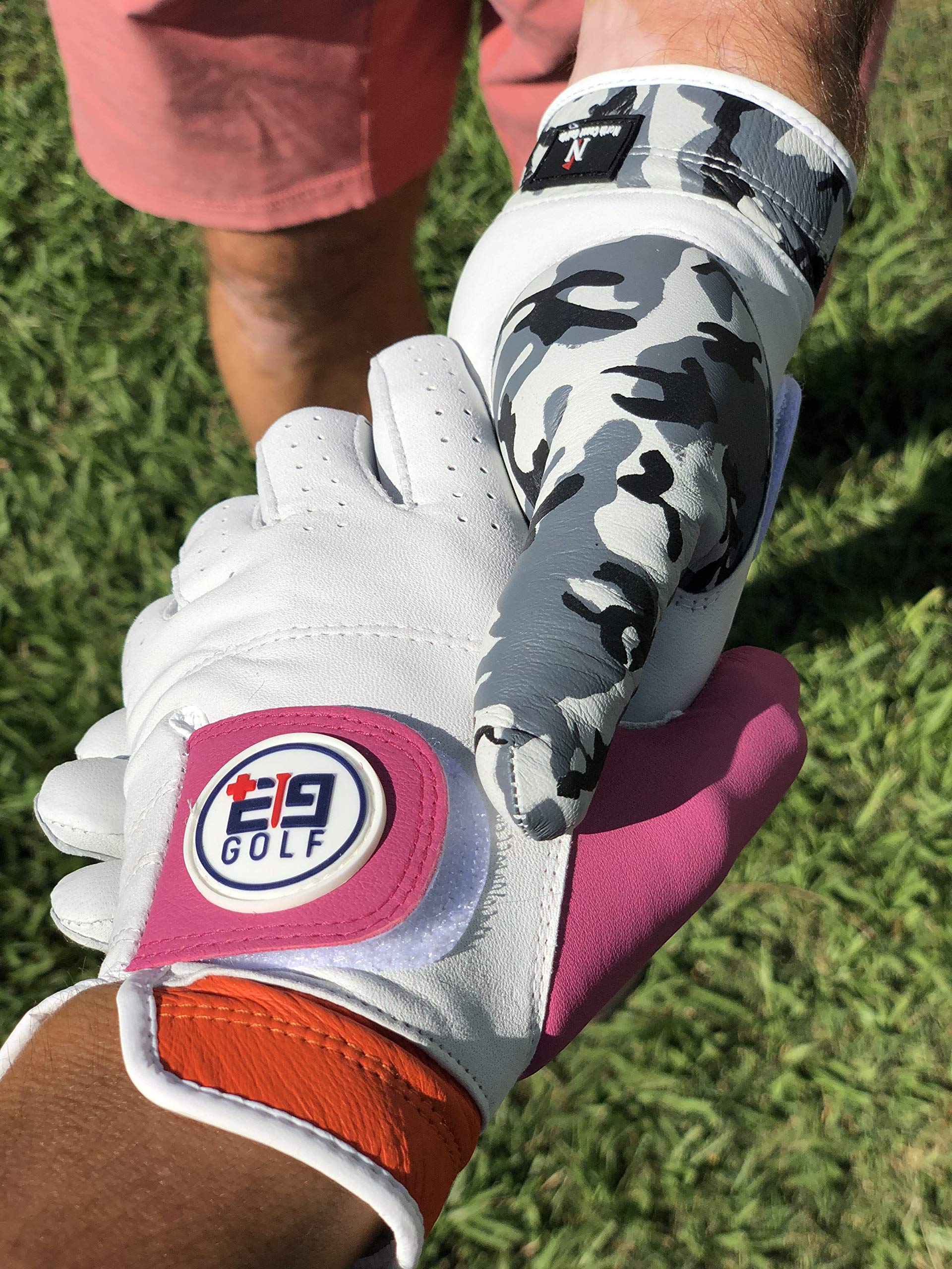 e9 Golf Tour Performance Leather Golf Glove– Premium Gloves for Women – Original White, Pink and Orange Design – Ultra Soft Leather – Breathable and Comfortable - Small Left