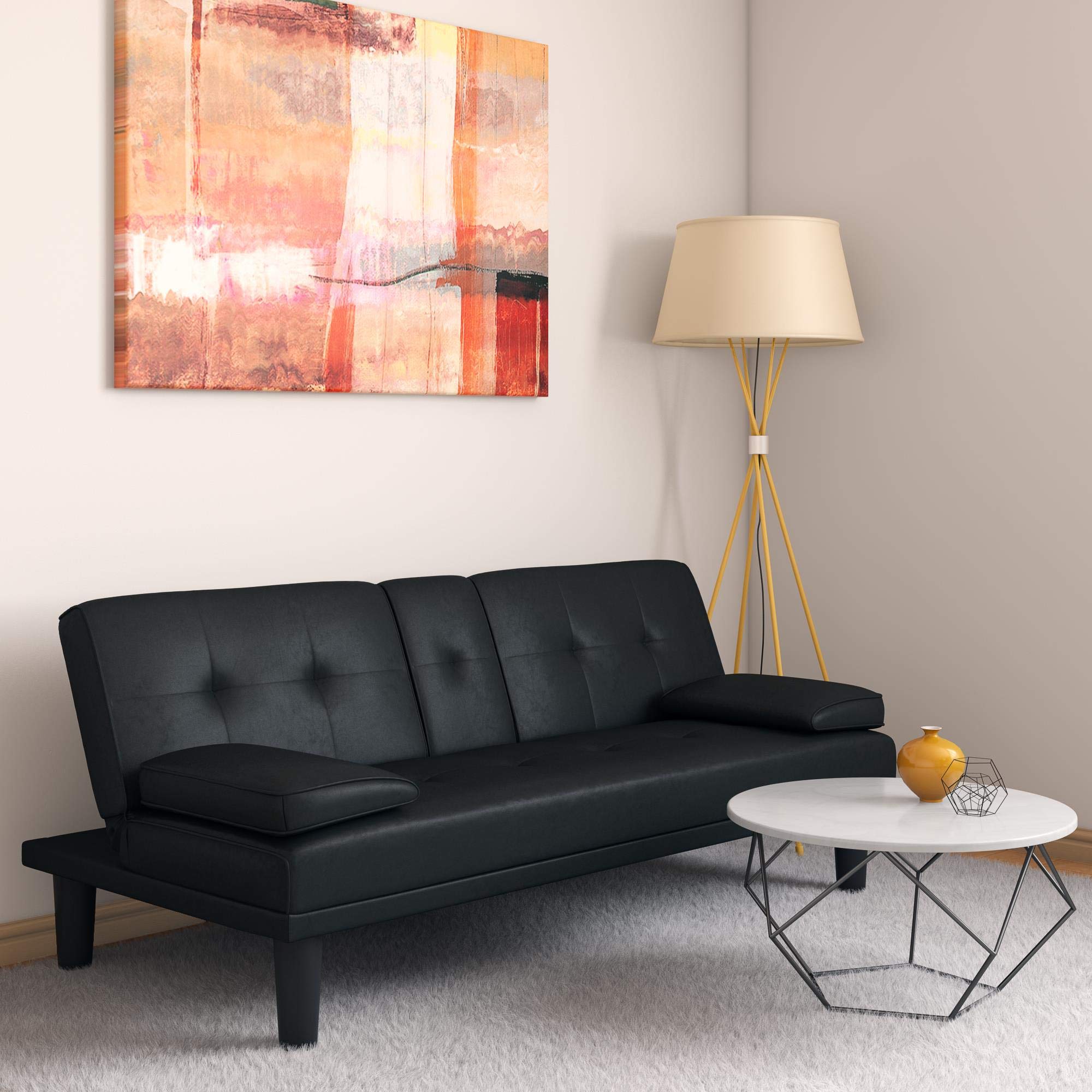 DHP Marley Sofa Sleeper with Cupholder and 2 Pillows, Black Faux Leather