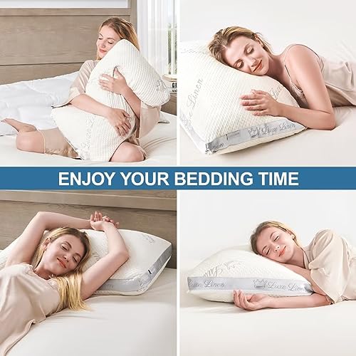 Luxe Linen Standard Pillows Set of 2, Shredded Memory Foam Pillows, Adjustable Bed Pillow for Sleeping, 18"x26"Organic Cotton Bed Pillows for Side, Back, Stomach Sleepers