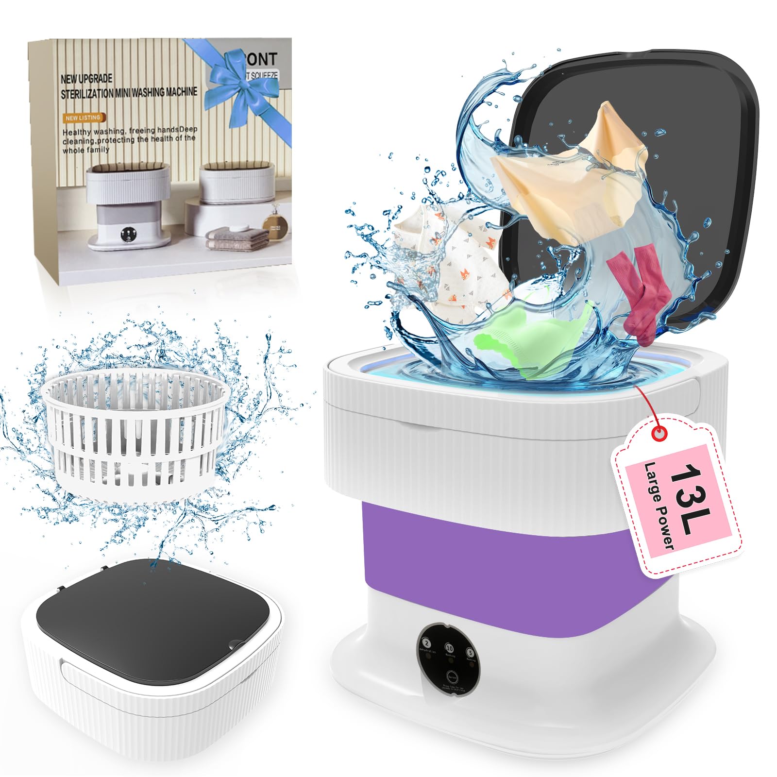 Mini Portable Washing Machine with Spin Dry, 13L Foldable Small Washer,Compact Laundry Lavadora Portatil for Underwear, Baby Clothes, Socks or Small ltems, Dormitory, Apartments, Travel, Purple