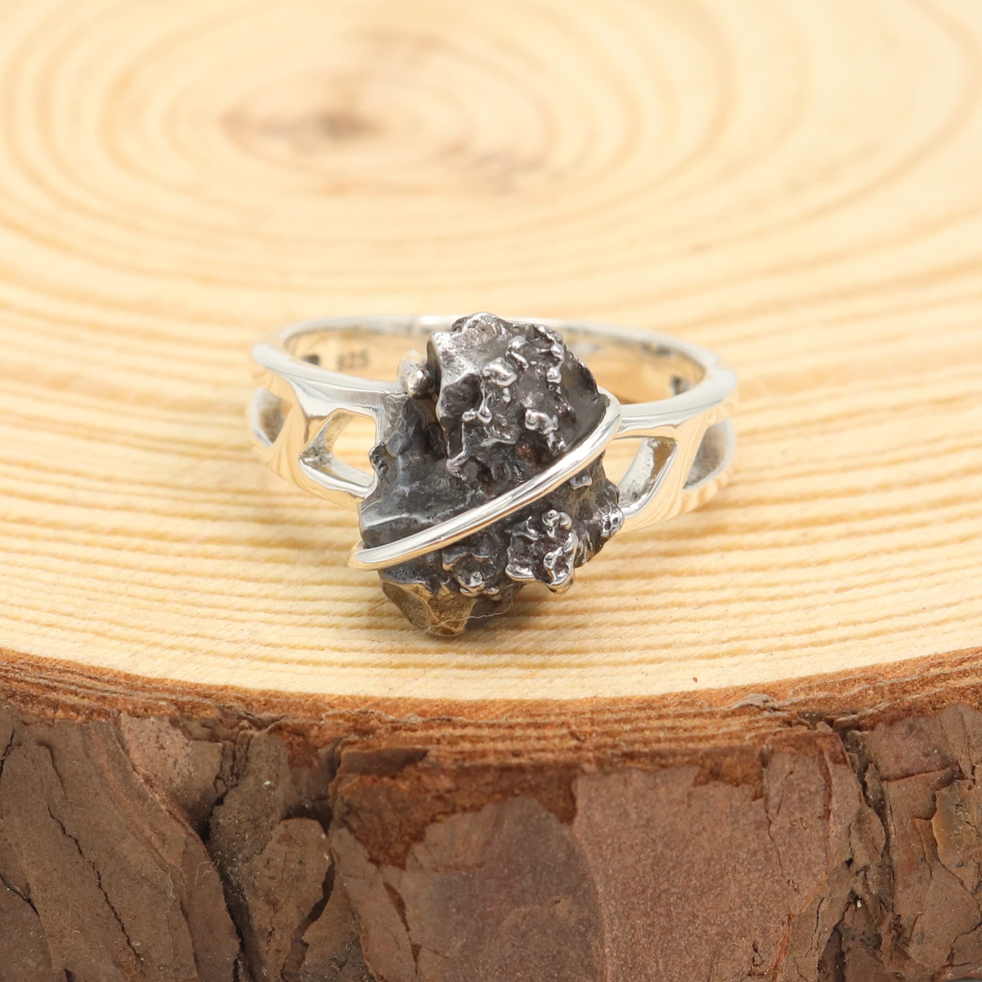Earth Gems Jewelry Meteorite Sterling Silver Ring, 925 Silver Handmade Ring, Meteorite Raw Stone Ring, Meteorite Rough Stone Ring, Size 10