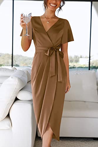 PRETTYGARDEN Women's Summer Formal Midi Satin Dress Short Sleeve V Neck Belted Cocktail Party Ruched Dresses (Brown,X-Large)