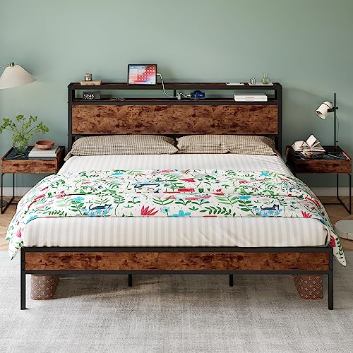 LUXOAK King Size Bed Frame, Platform Bed Frame with 2-Tier Storage Headboard and Charging Station/No Box Spring Needed/Noise Free/Industrial/Rustic Brown
