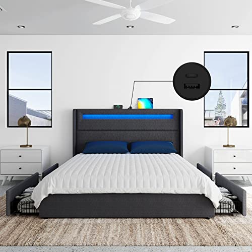 LUXOAK Queen LED Bed Frame with Wingback Headboard, Upholstered Platform Bed with 4 Storage Drawers & Charging Station, App/Remote Control, Box Spring Optional, Dark Grey…