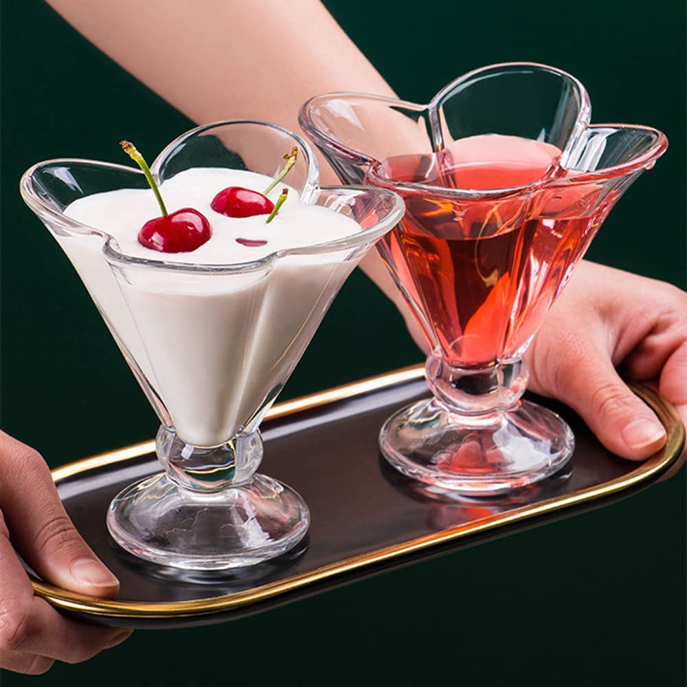 Hacaroa 6 Pack Glass Ice Cream Bowls Small Sundae Cups, 6.5 Ounces Footed Dessert Bowls Milkshake Glasses, Clear Cute Trifle Bowls for Pudding, Parfait, Fruit, Clover Shape