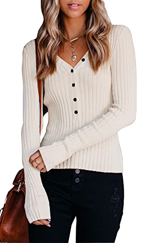 PRETTYGARDEN Women Long Sleeve Tops - Sexy V Neck Button Slim Fitted Ribbed Henley Shirts (White, X-Large)