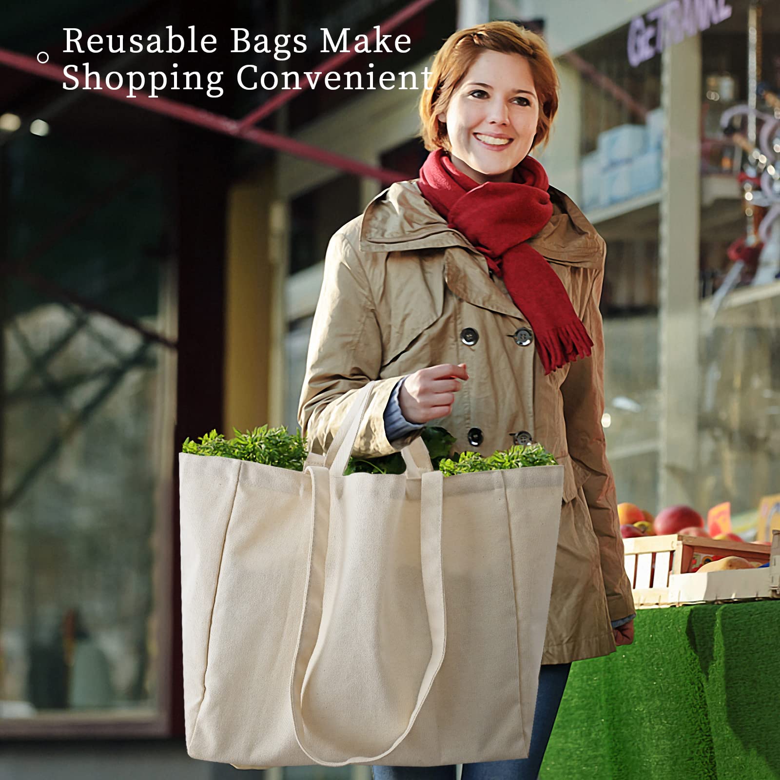 HQCUPB 4 Pack Canvas Tote Bag Reusable Grocery Bags Shopping Bags for Groceries Foldable Heavy Duty Washable Canvas Bag with Handles (4 Pack, Natural Color)