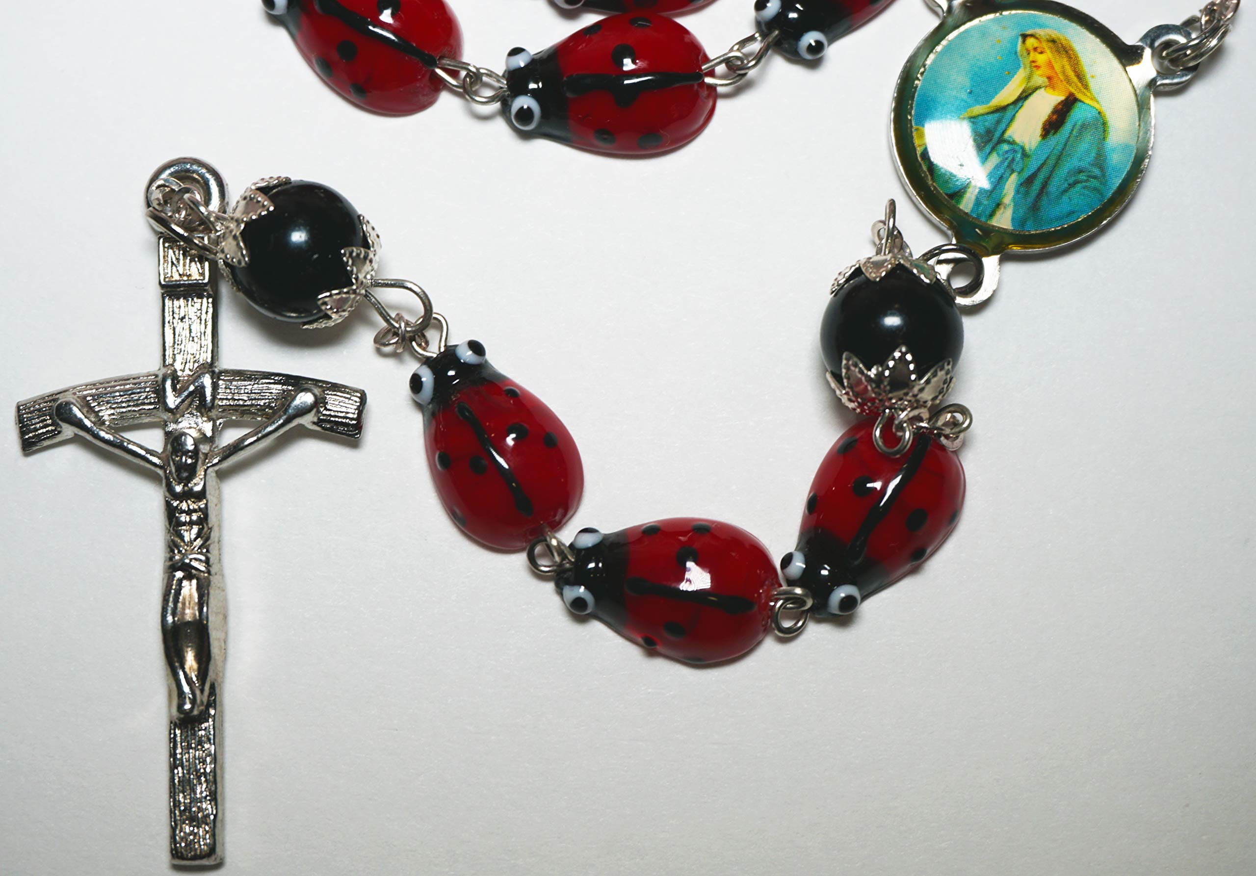 col-p Catholic Steel Rosary Ceramic Ladybug Devotional 29" inch long centerpiece Lady of Grace Sanctified Papal Crucifix Zinc Alloy