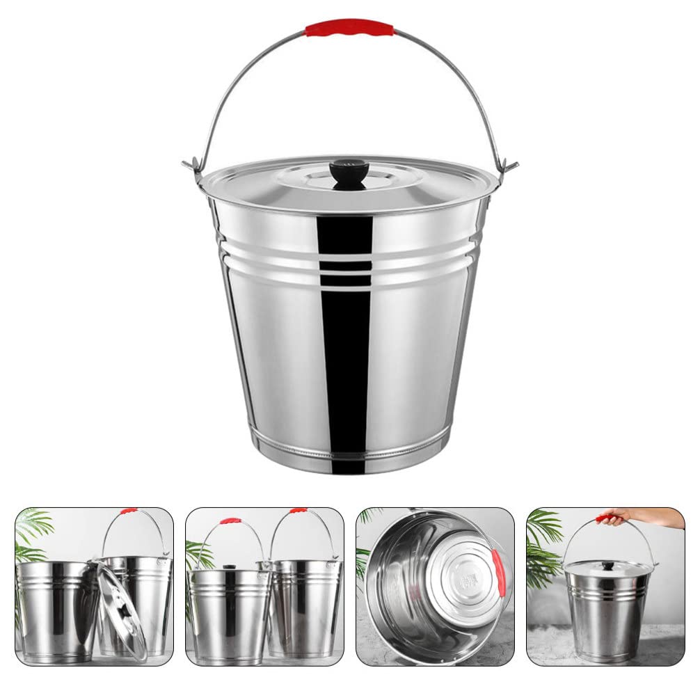 GANAZONO Ash Bucket with Lid Stainless Steel Water Pail Small Trash Can Fireplace Metal Bucket for Hearth Fire Pit Wood Burning Stove Grill Silver 8L