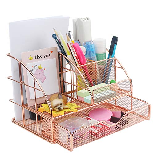 Ogrmar Rose Gold Desk Supplies Organizer, Multi-functional Mesh Desk Organizer with 6 Compartments & Desk Drawer Organizer for Office Supplies and Desk Accessories(Rose Gold) (9" X 6" X 6")
