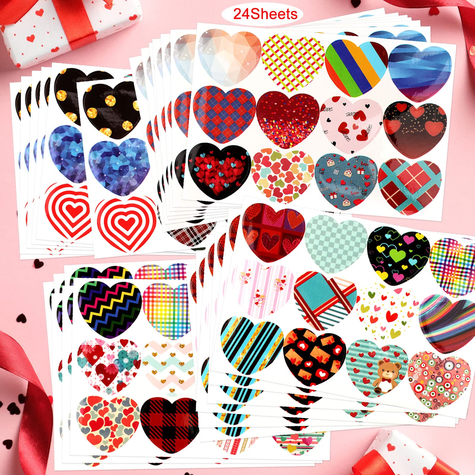 HOWAF Valentine's Day Heart Shape Stickers, Valentine's Day Labels Stickers Sheets, Valentines Day Decorative Stickers for Valentines Party Decorations Supplies, Happy Valentine’s Day Self Adhesive Stickers