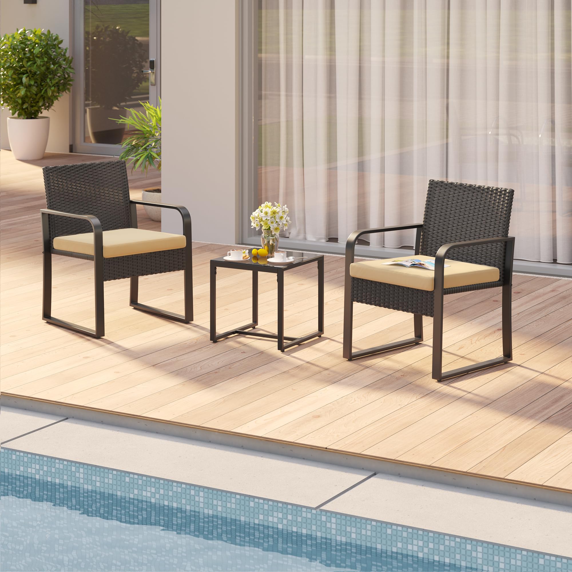 Gizoon 3 Pieces Patio Bistro Sets, Outdoor Rattan Conversation with Glass Table, Wicker Furniture Set with Cushion, for Backyard, Porch, Poolside, Lawn, Beige