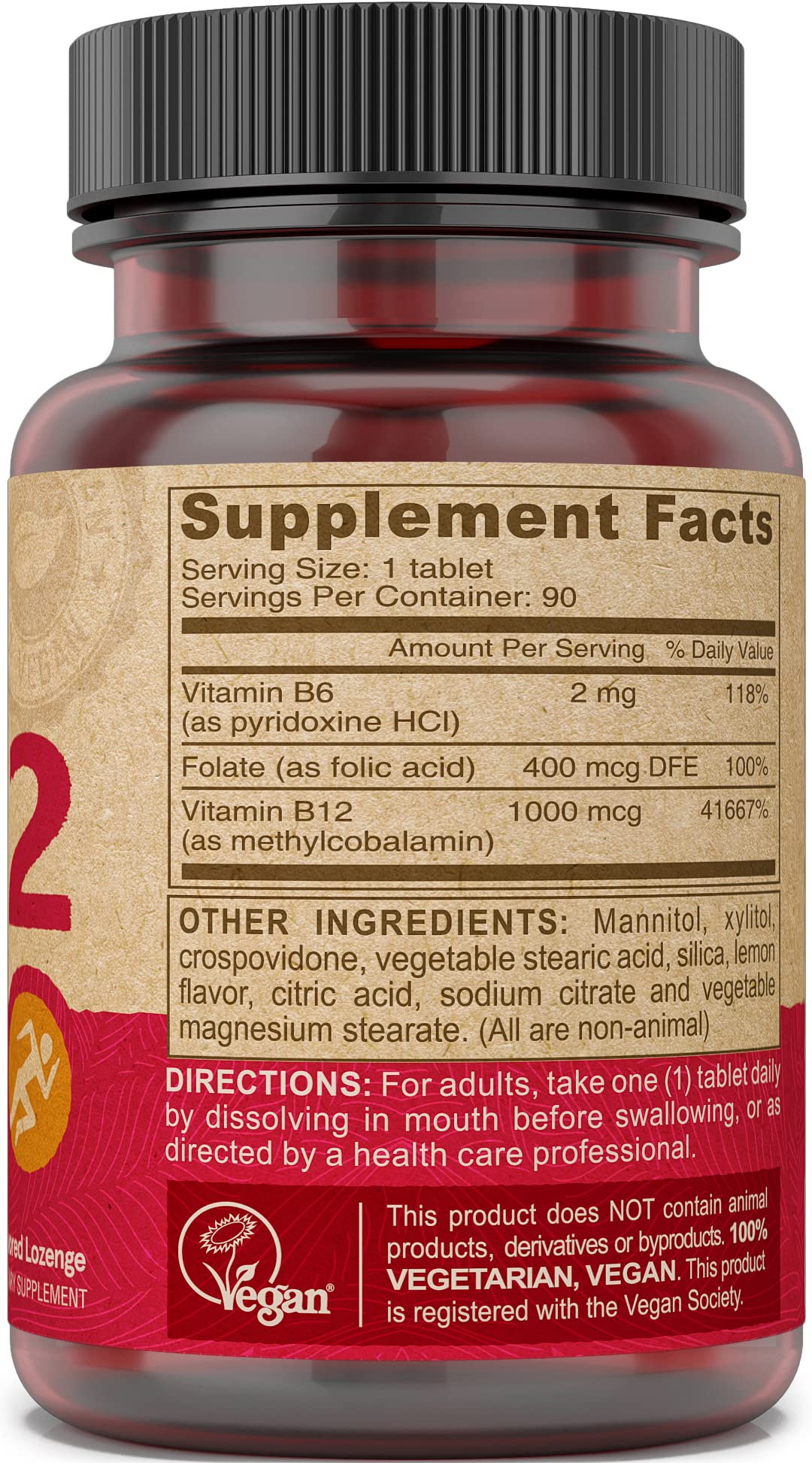 DEVA Vegan Vitamin B12 Fast Dissolve Supplement - Once-Per-Day Complex with 1000 Mcg Methylcobalamin B12, Folic Acid, B6 - Lemon Flavor - 90 Dissolvable Tablets,