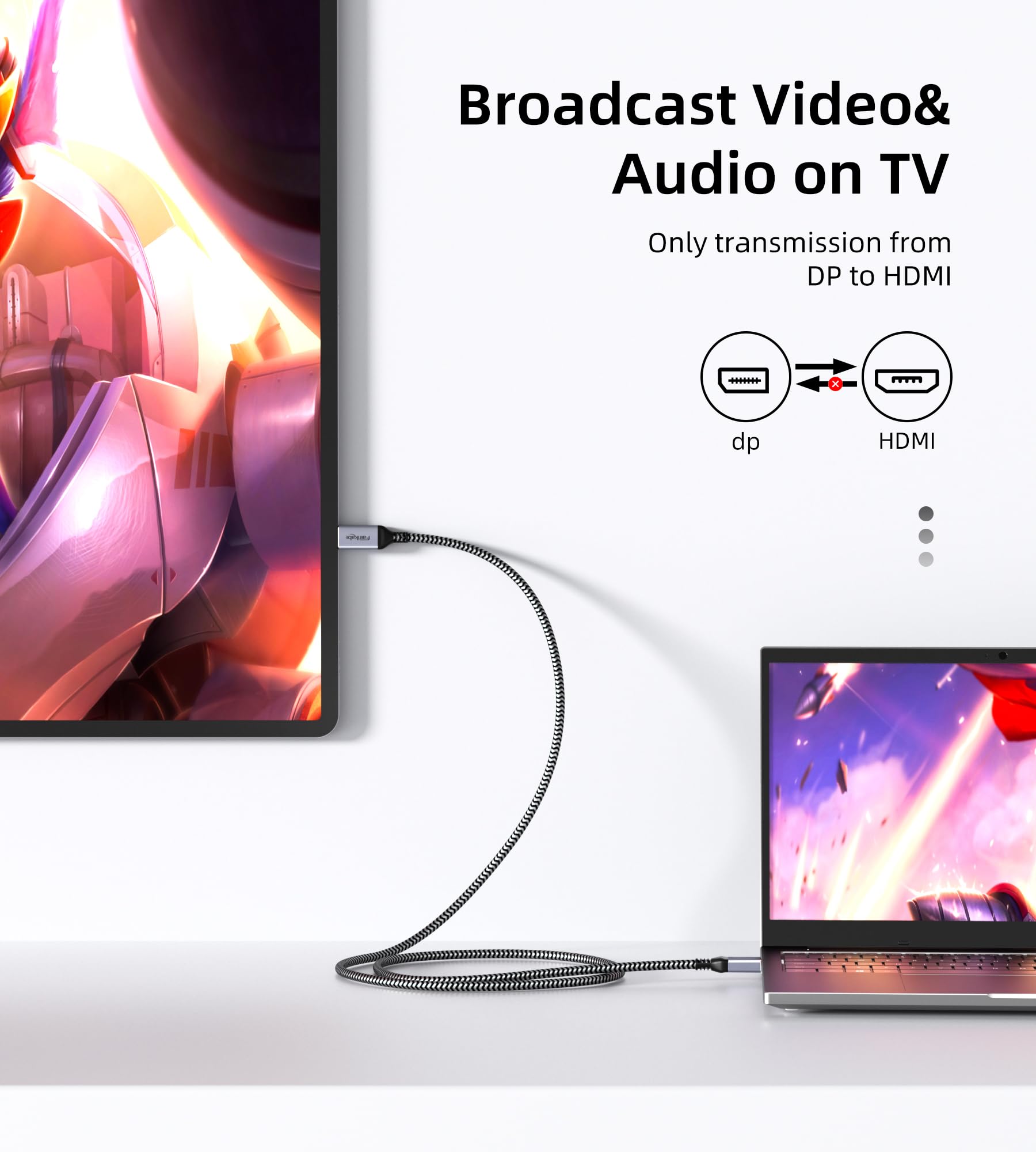 fairikabe 4K Displayport to HDMI Cable 6.6ft, [Uni-Directional, Aluminum Case, Nylon Braided] Display Port to HDMI Cable Compatible with Dell, HP, Samsung, AMD and More