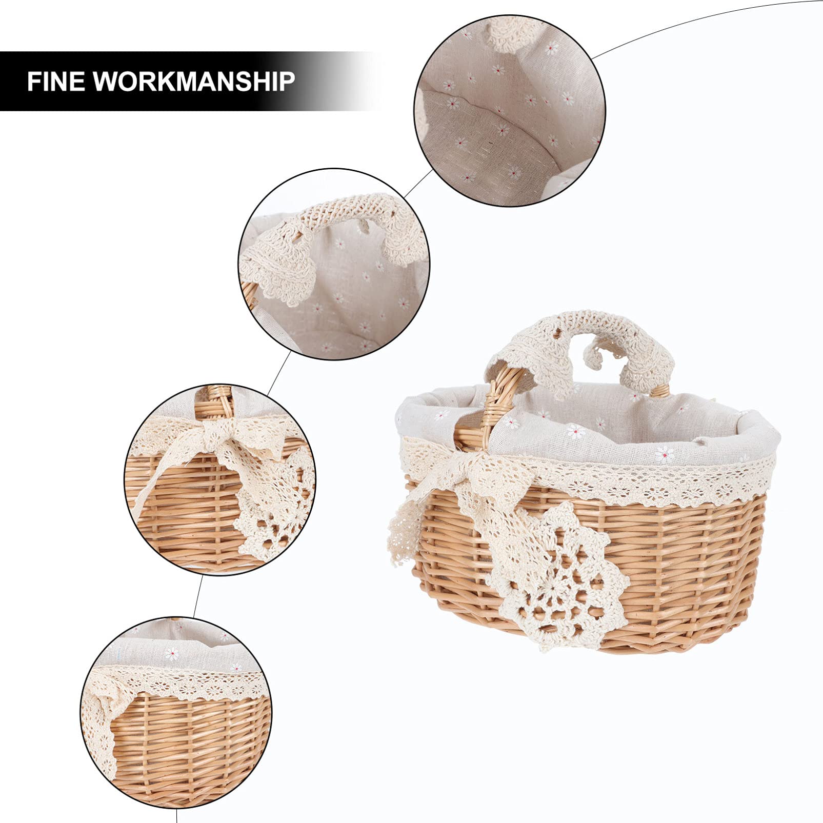 generic Wicker Woven Basket Multipurpose Basket with Handle Linen Cotton Cloth Lining for Storage and Decorations